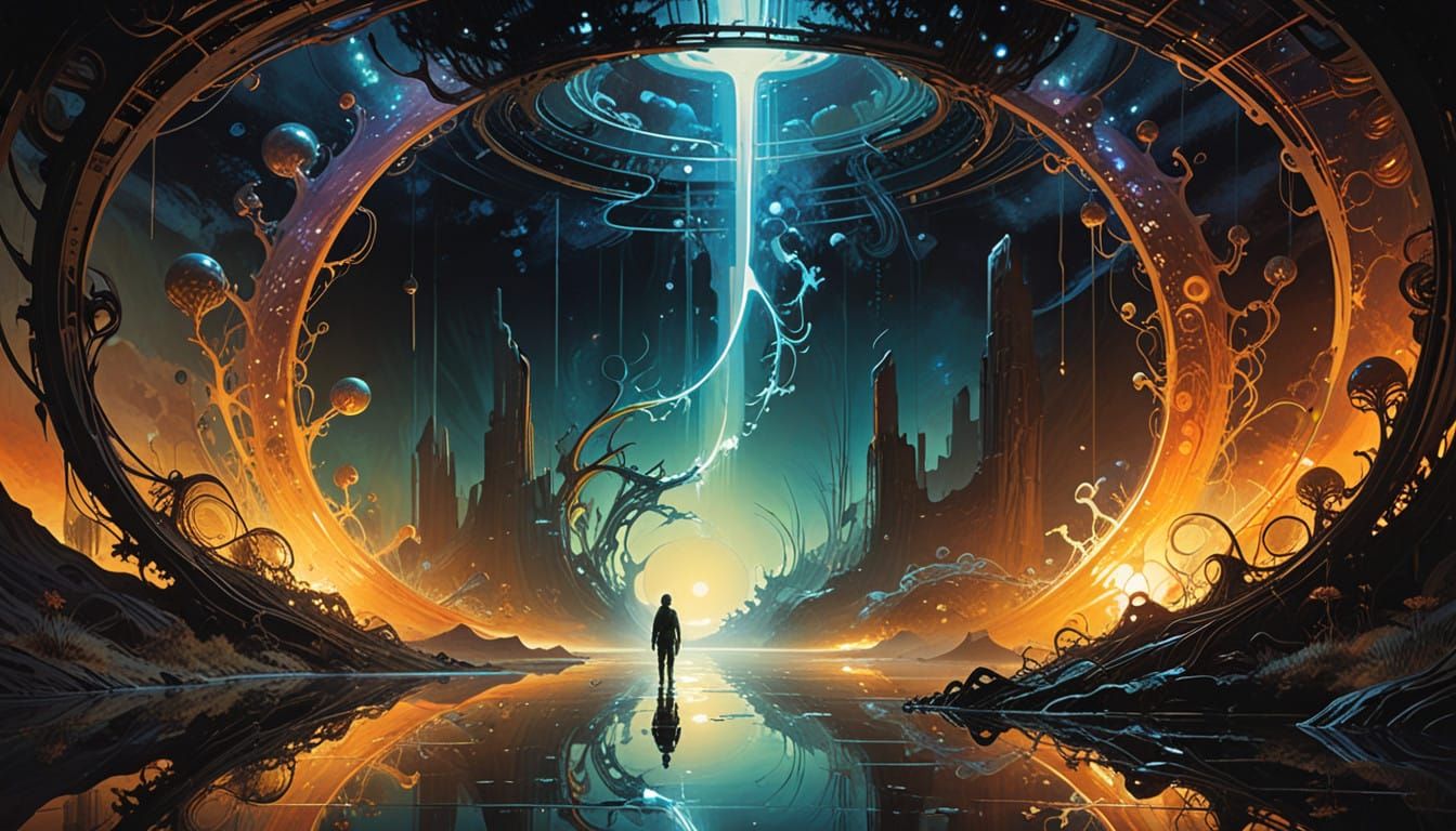 a shimmering, ethereal portal suffused with universal light, bridging ...