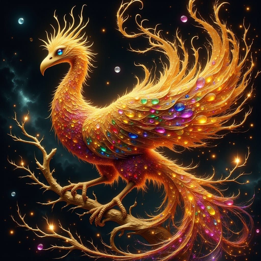 Jeweled Phoenix - Majestic Gemstone Phoenix Perched on Golde...