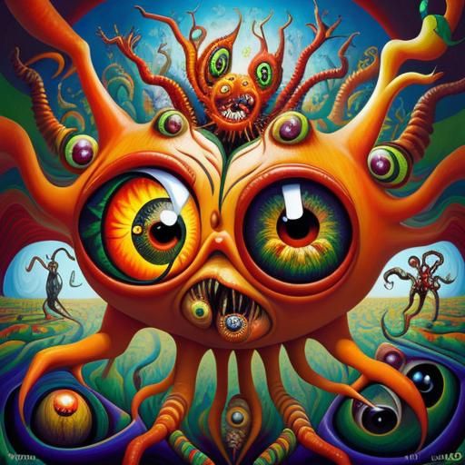 A captivating oil painting by a surrealist depicts surreal creatures ...