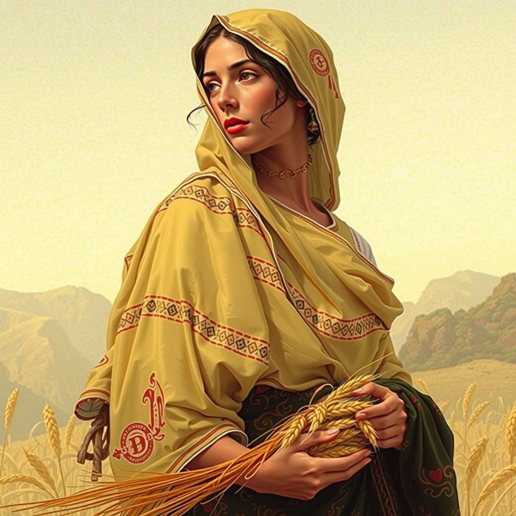 Moabite Woman in Earth-Toned Robes, Gathering Oats... - AI Art