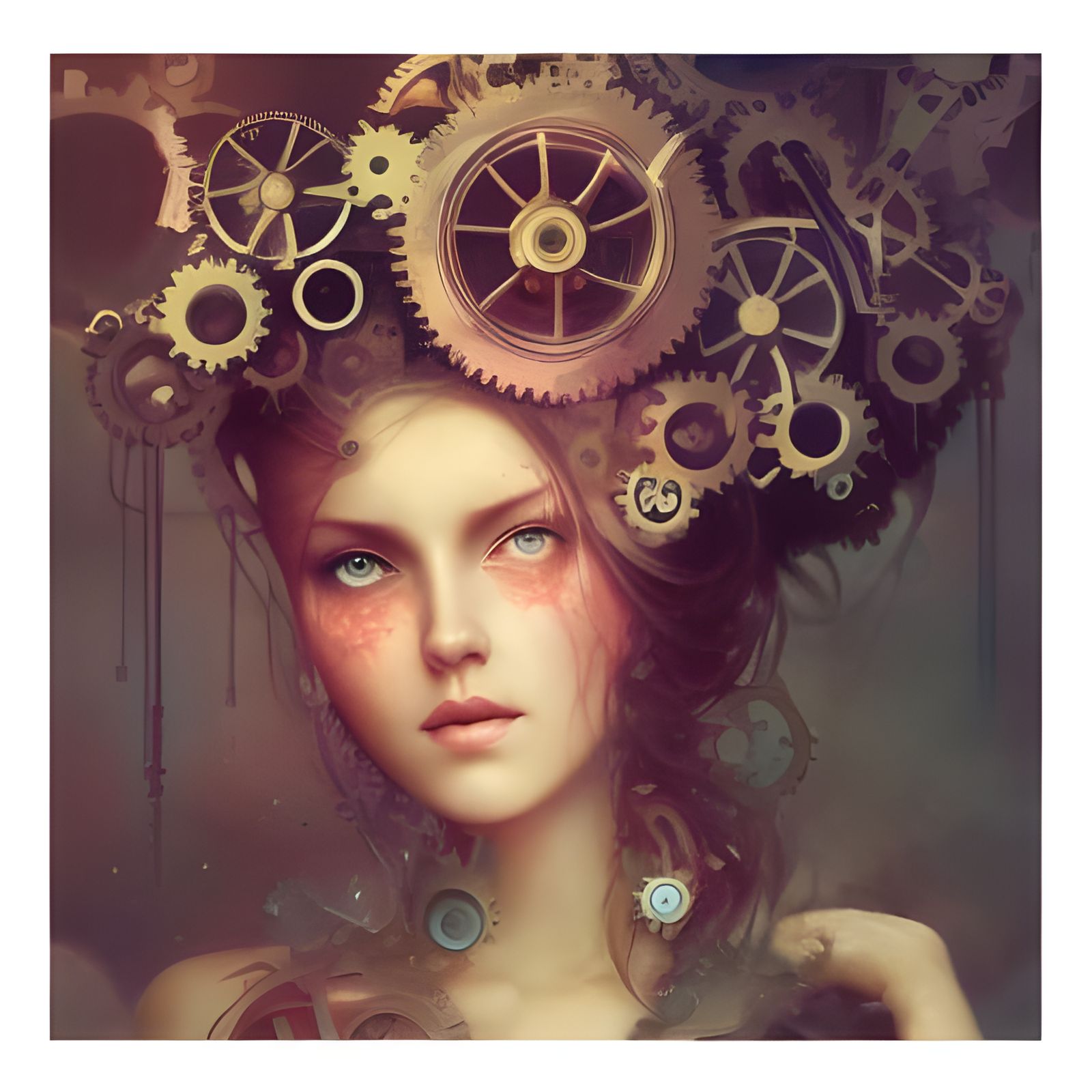 a painting of a woman with gears on her head, a fine art painting by ...