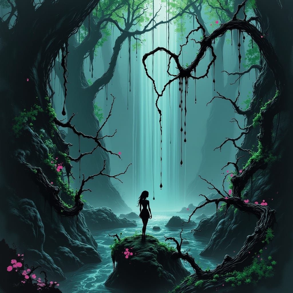 the depths of a rock abyss covered in lush green moss with long twisting vines surrounding the ...