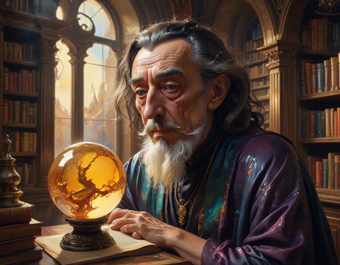 Ethereal Wizard Portrait in Vibrant, Ornate Librar... - AI Art