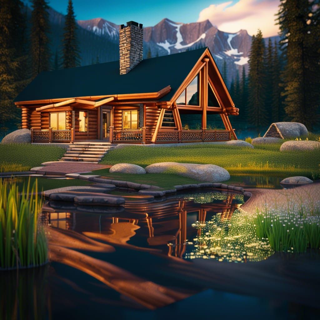 Giant log home, Ultra detailed, insanely detailed, with big triangular ...