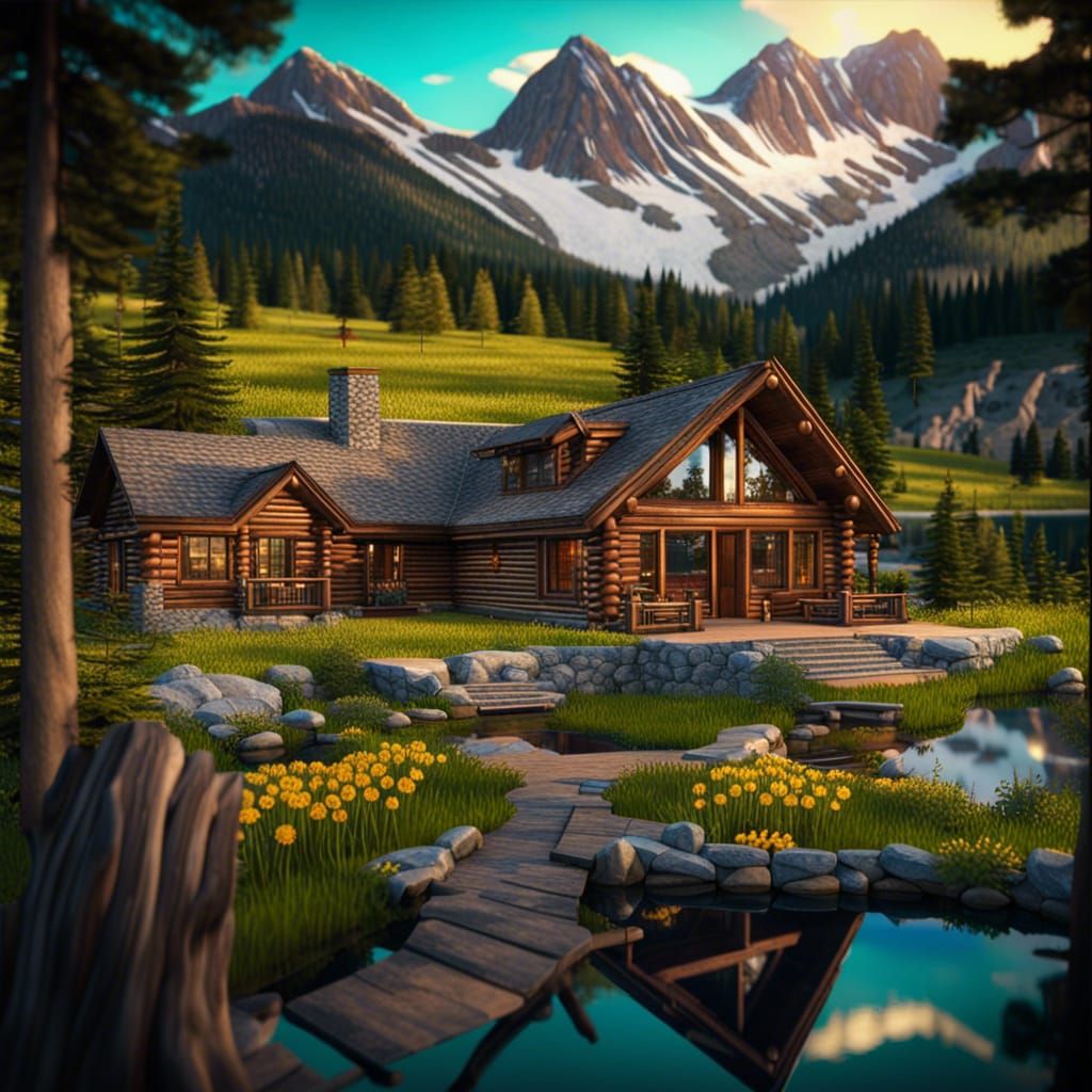 Giant log home, Ultra detailed, insanely detailed, with big triangular ...