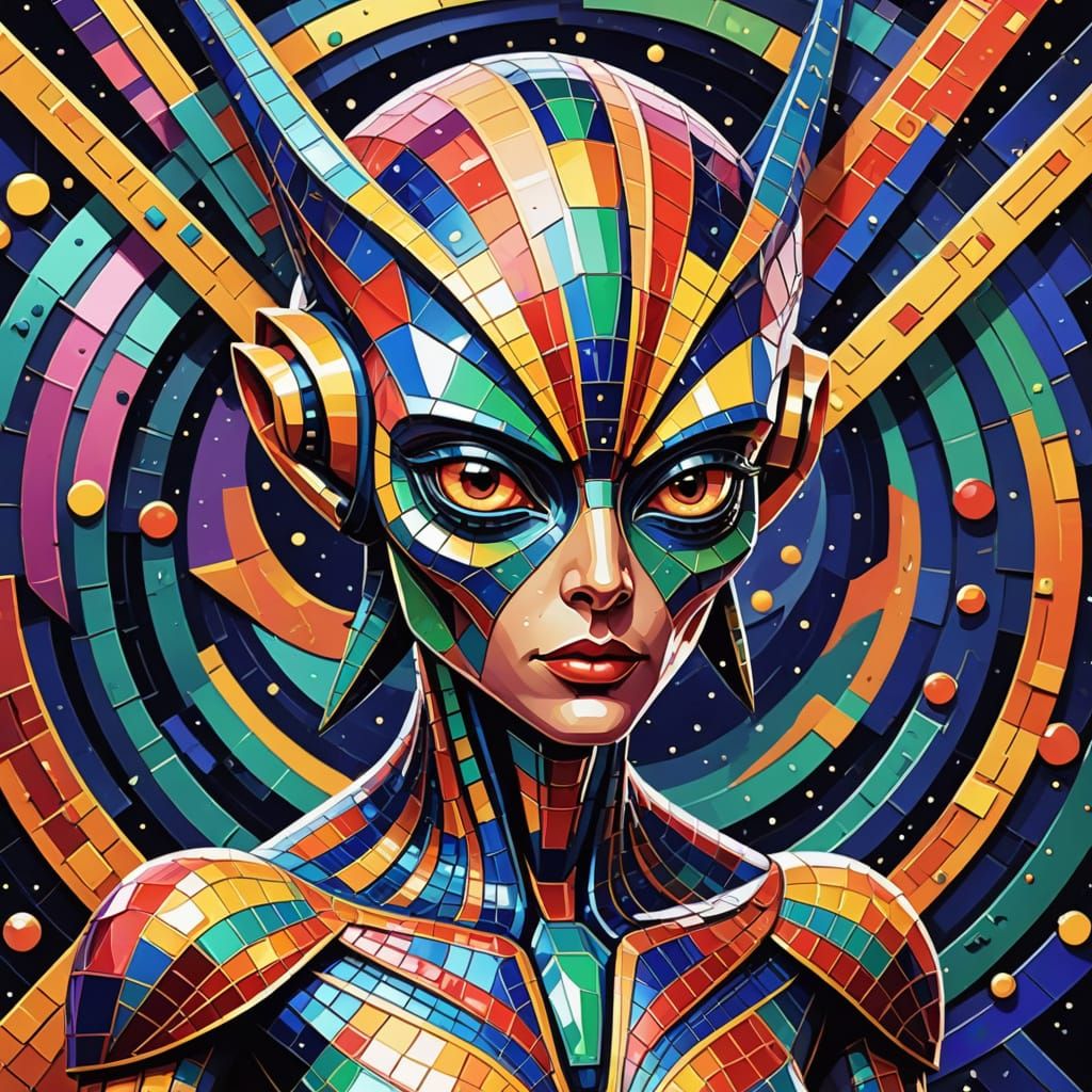Alien Emerges from a UFO in a Geometric Cubist Pai... - AI Art