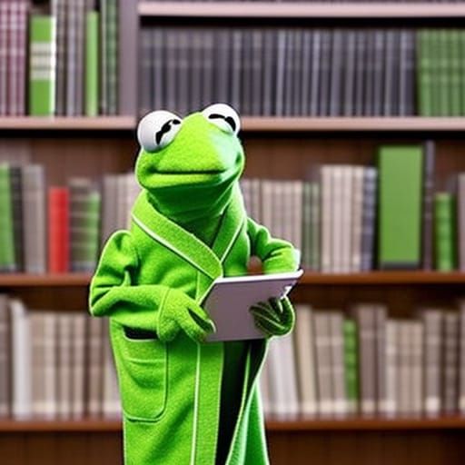 Kermit D. Frog in a bathrobe in a library - AI Generated Artwork - NightCafe Creator
