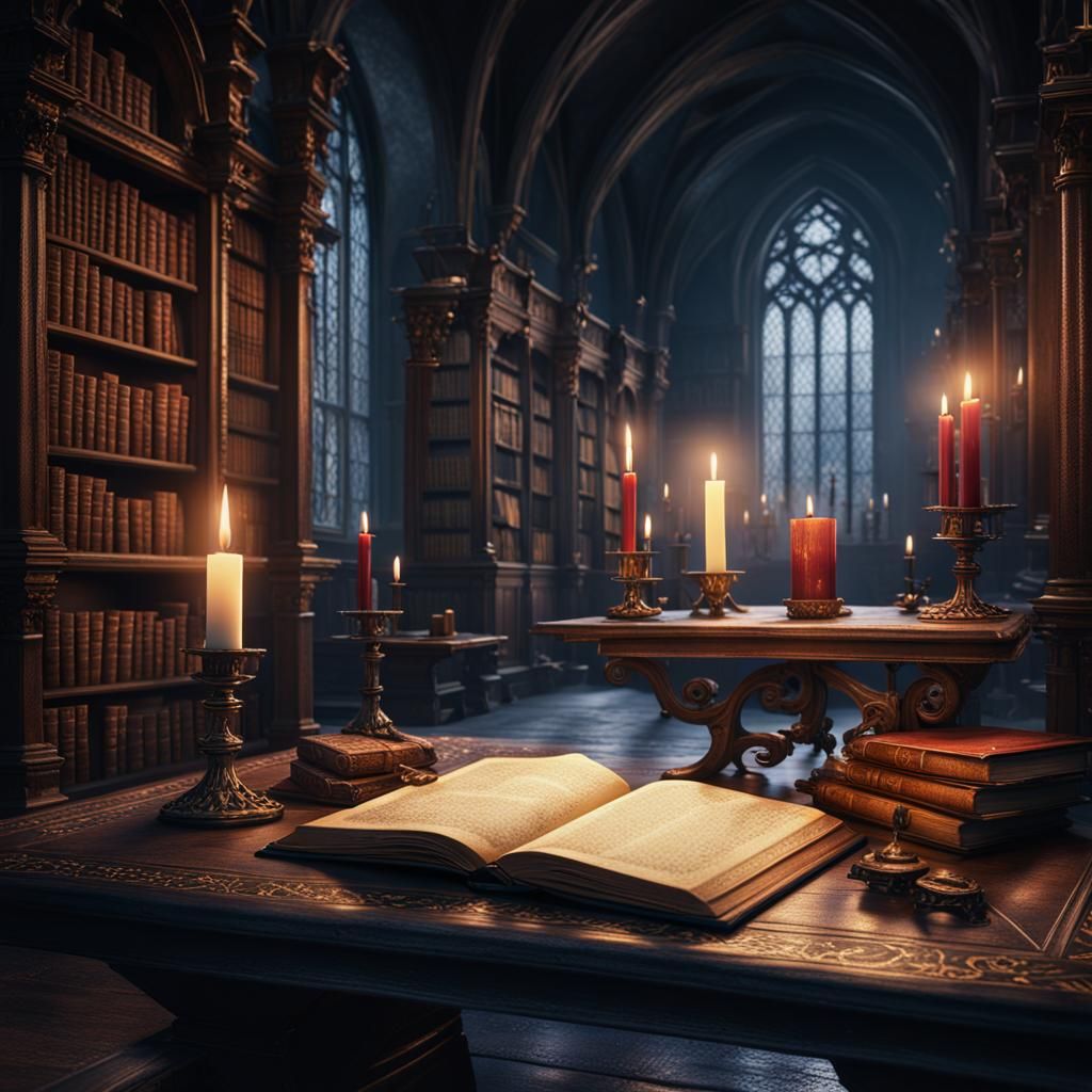 Midevil library with a candle and an open book on a table - AI ...