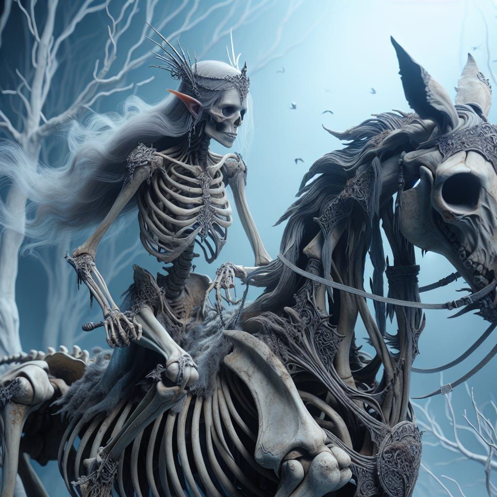 skeletal elven ranger riding her skeletal war unicorn