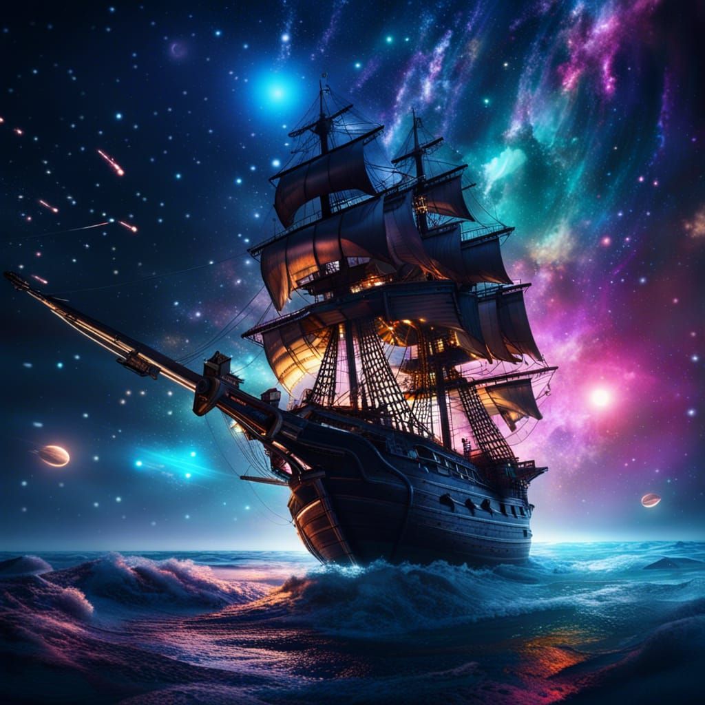 In space, waves of stars, pirate ship, Captain jack sparrow, sword ...