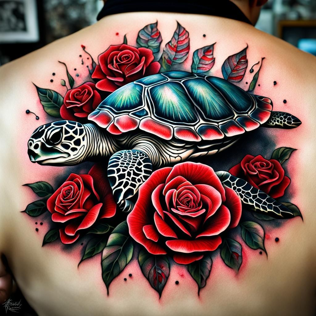 Sea Turtle Tattoo with Red Roses - AI Art