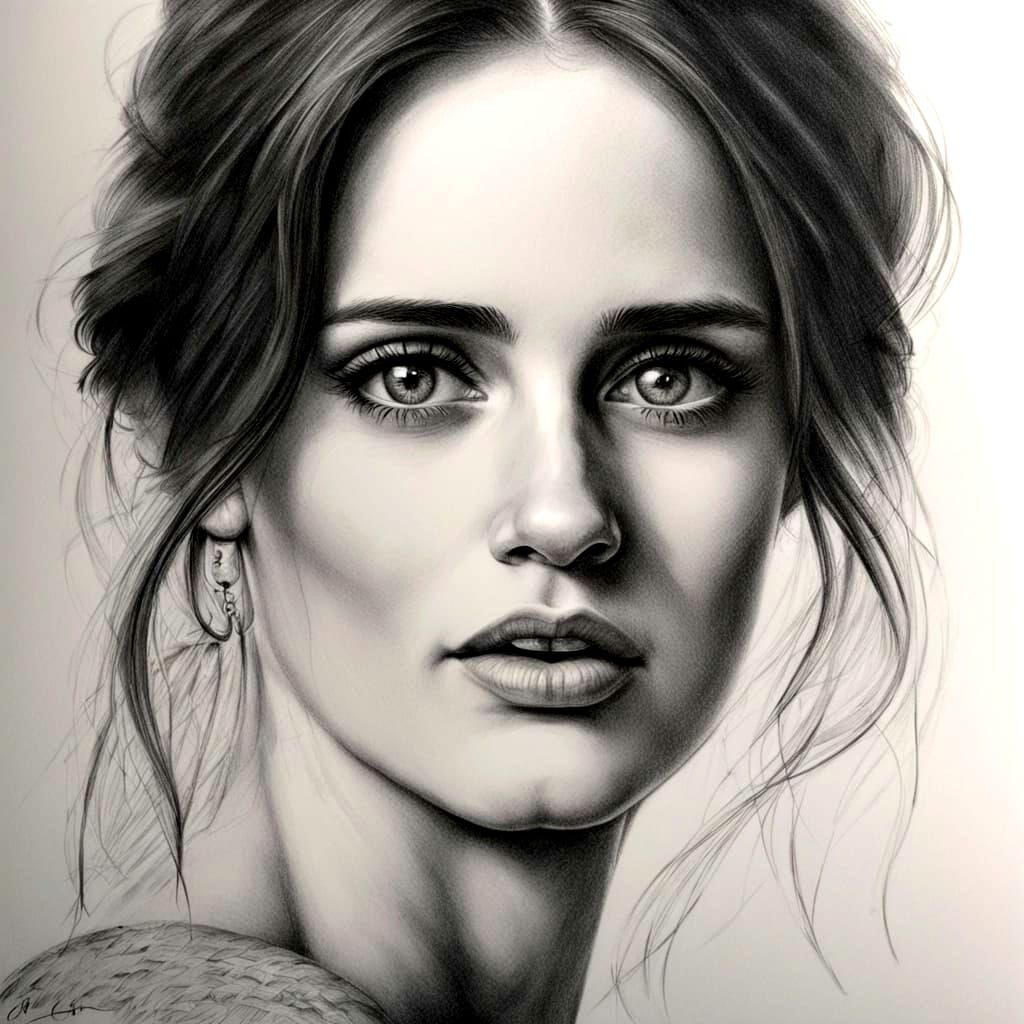 Eva Green, portrait pencil drawing caricature