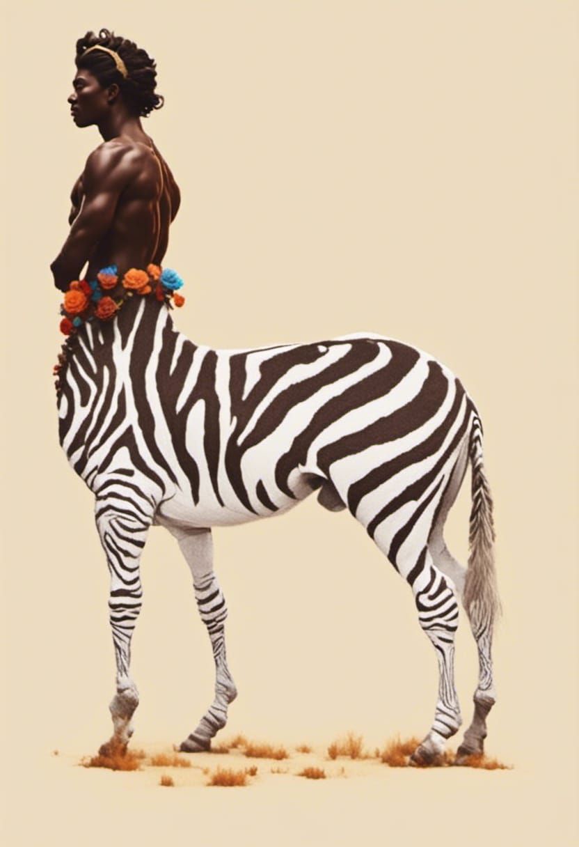 human man top looking forward, zebra bottom detailed matte painting ...