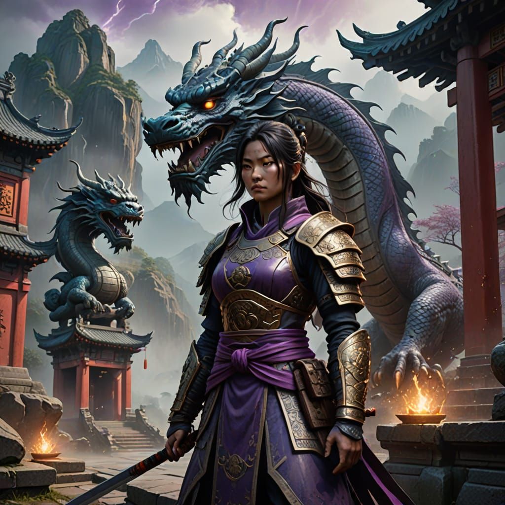 Ethereal Warrior Confronts Ancient Dragon Amidst T... - AI Art