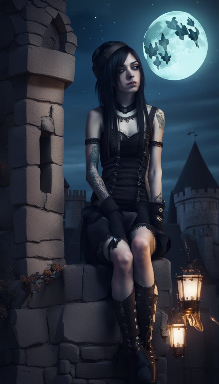 Emo Girl with Faier Skulls on the Castle, mid naight, füll moon light ...