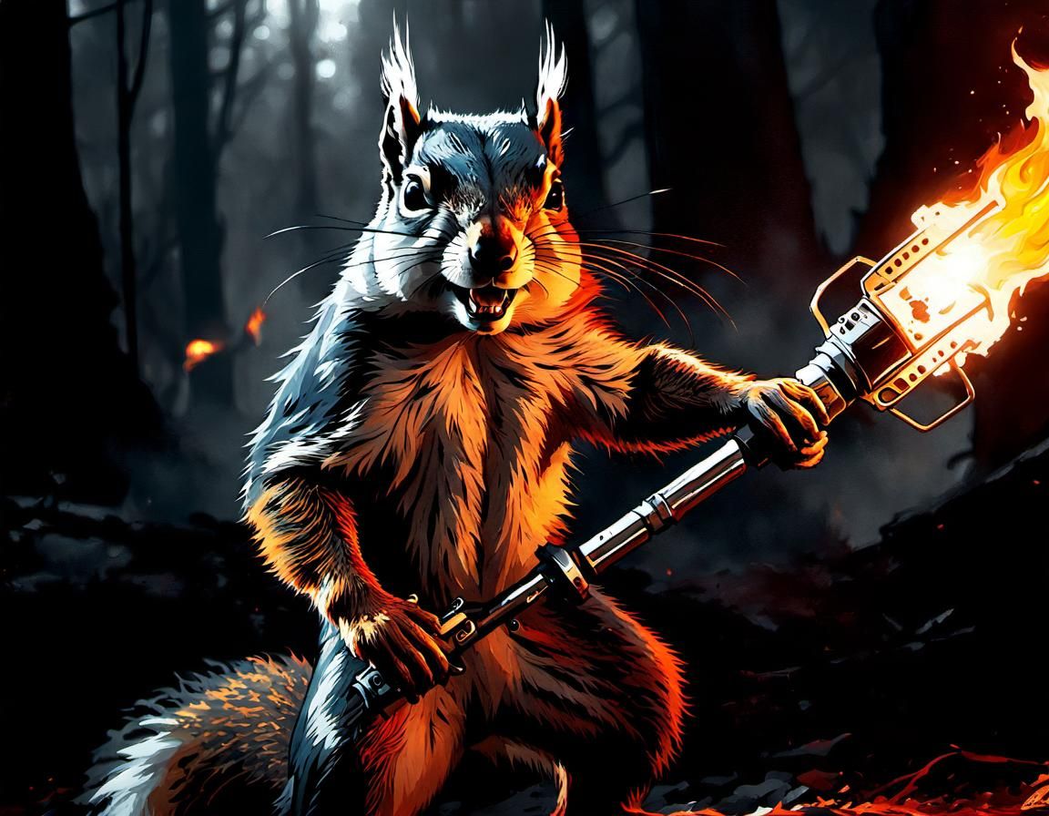 Photo realistic hyper realistic scary squirel from hell with big firey ...