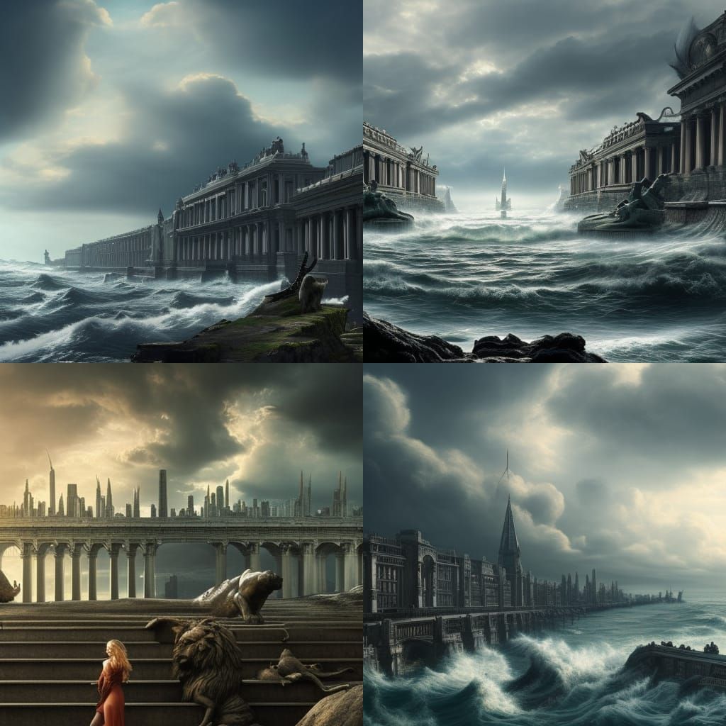 Hyperrealistic massive neo-classical city skyline, coastal, lion ...