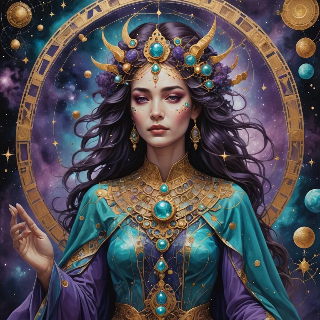 captivating portrait of a lady blending elements of cosmic surrealism ...