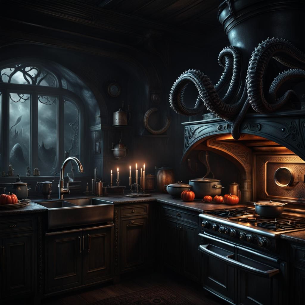 dark fantasy, fantasy scary Spooky Kitchen Appliances, with teeth and ...