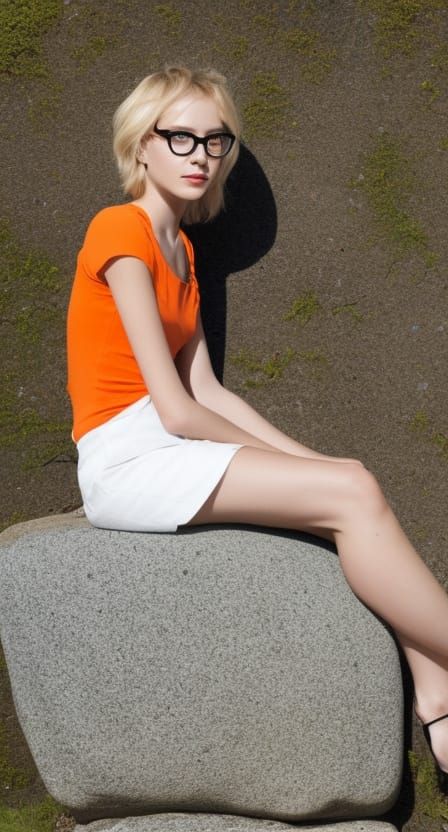 petite thin young lady, short blonde hair, orange eyeglasses, small ...