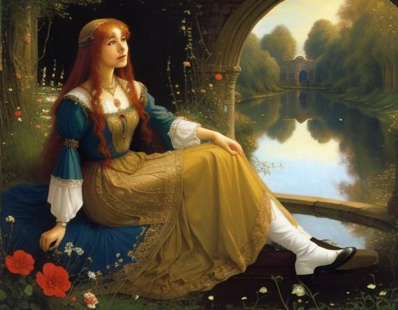 The Lady of Shalott as described in Tennyson's poem, sitting in her ...