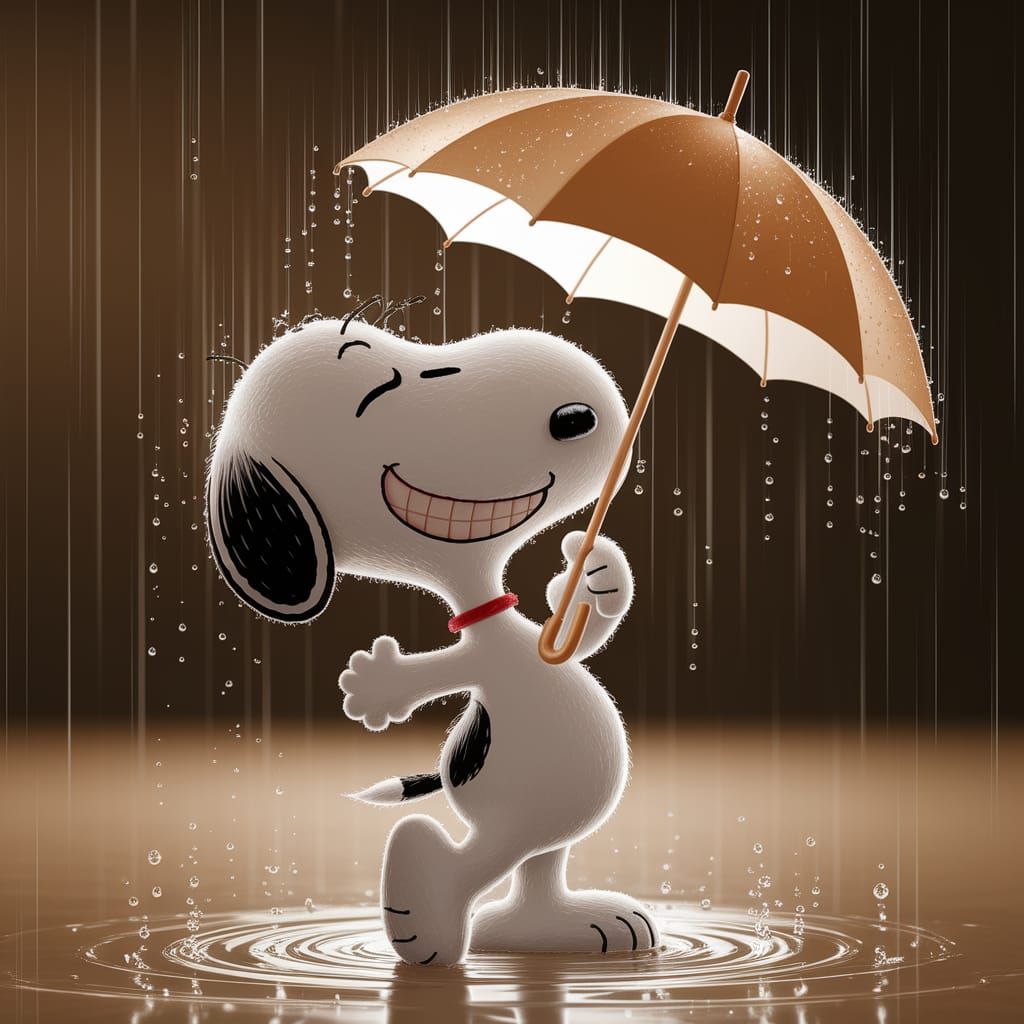 Snoopy Dances in the Rain with Joyful Human Smile - AI Art
