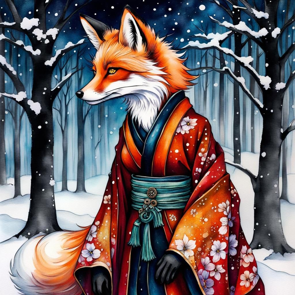 Kitsune fox woman in a kimono ,whimsical misfits little fox winter time ...