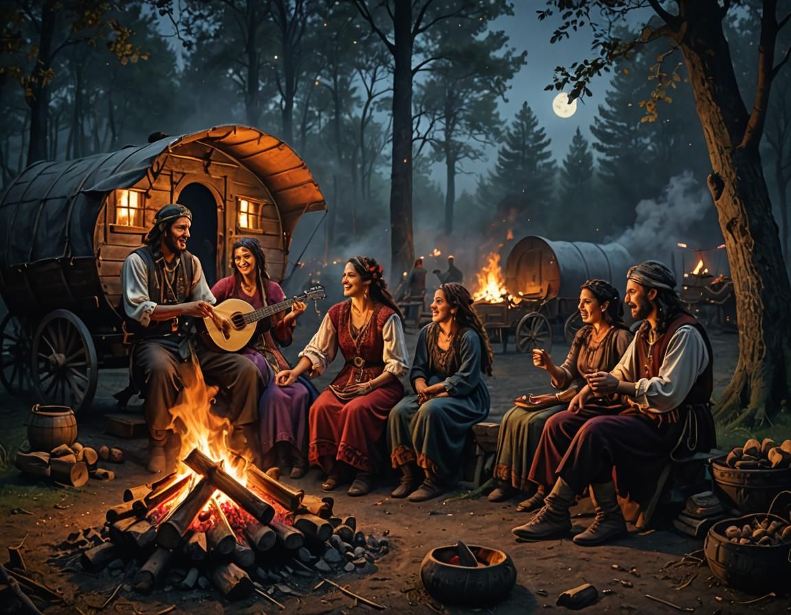 Medieval gypsy family celebrates, plays music and dances around a ...