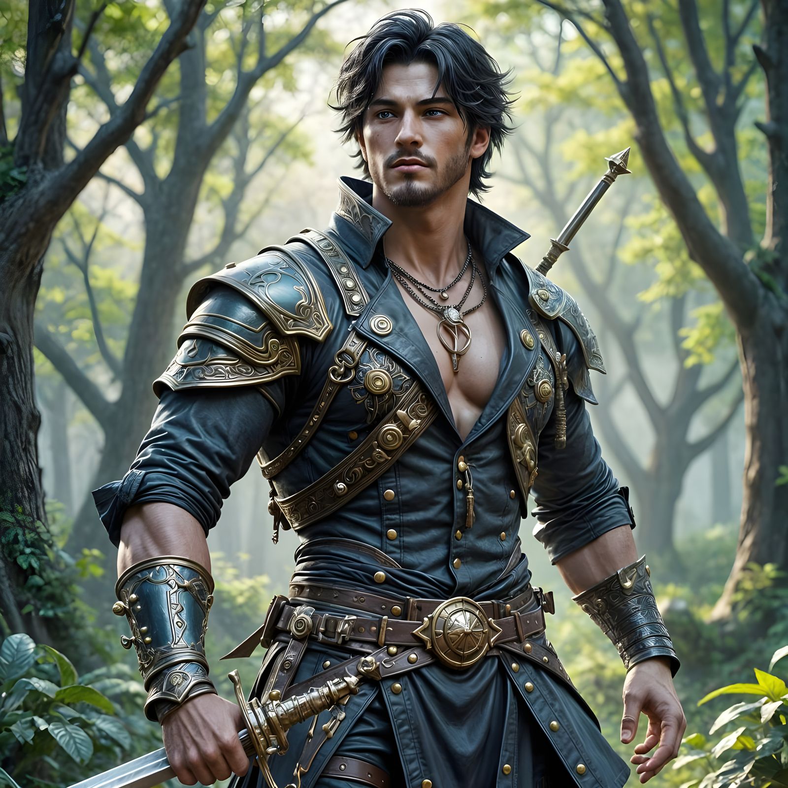 The Swordsman - Armored Swordsman in Forest, Dynamic Fantasy...