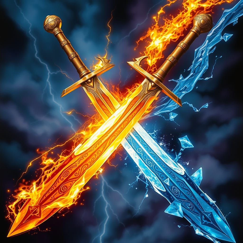 Elemental Swords - Golden and Icy Swords Clash in a Dramatic...
