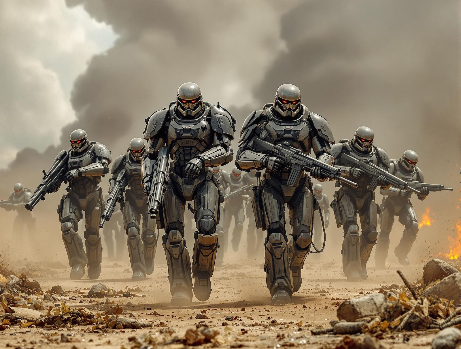 Photorealistic picture of many terminator walking on a battlefield ...