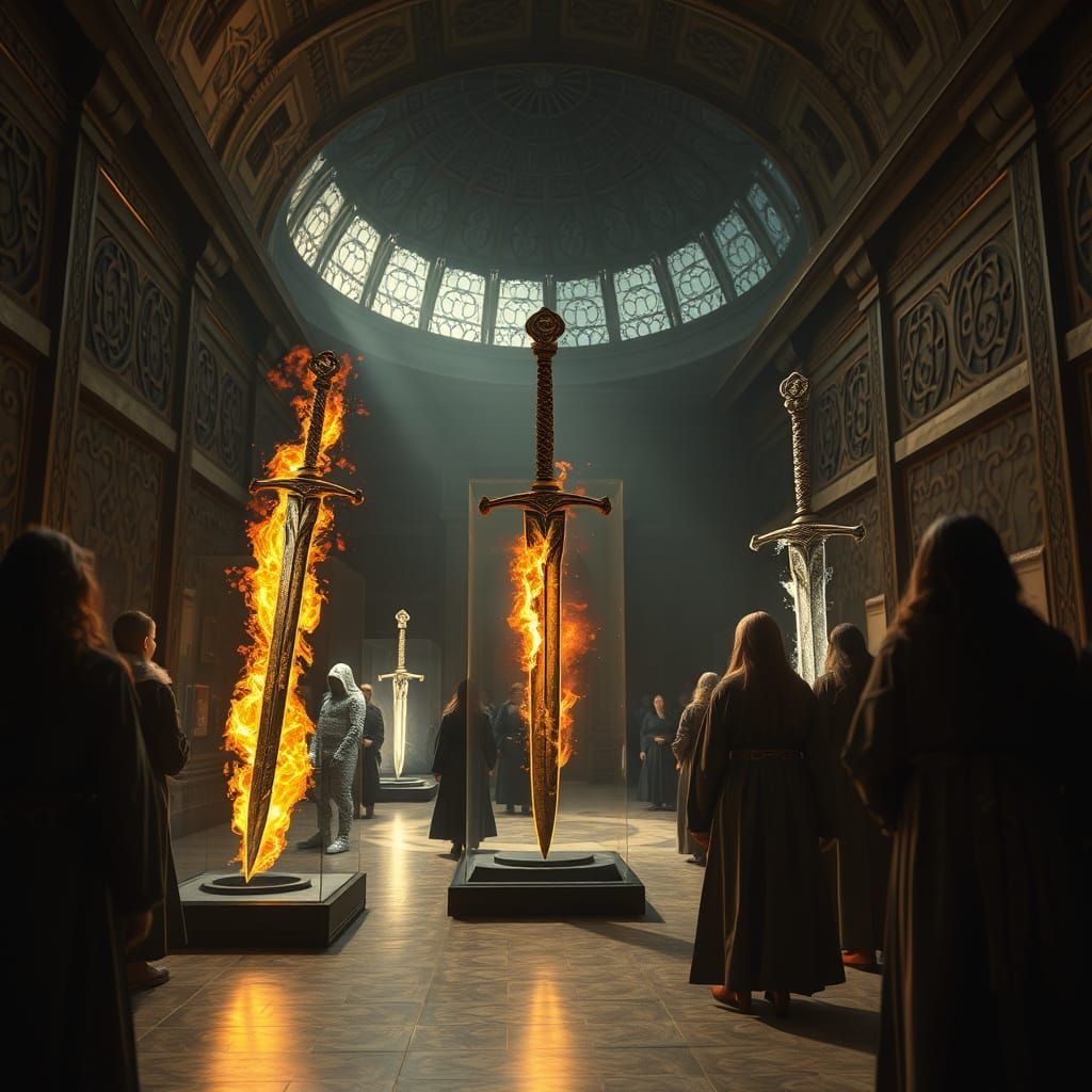 Swords of Fire, Ice, and Stone in a Celtic Museum - AI Art