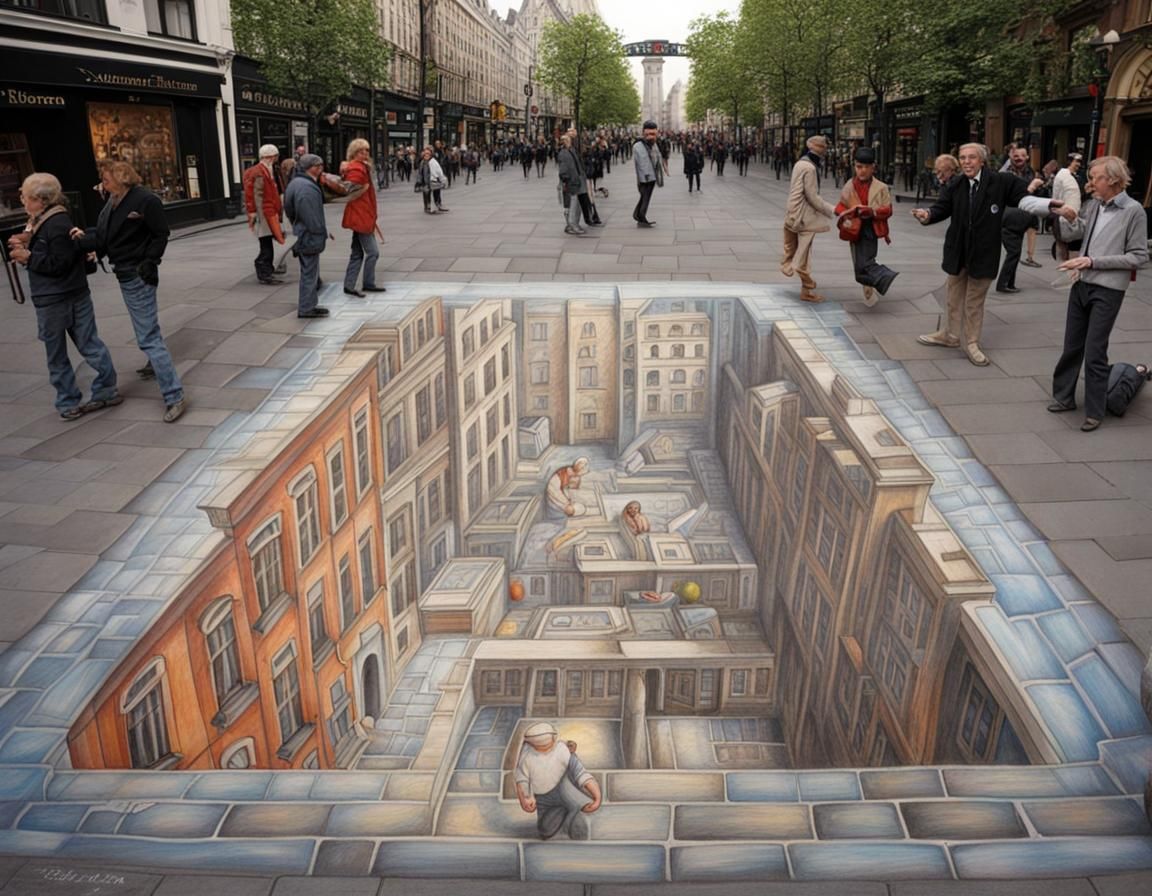 3D Pavement Drawing optical illusion by Julian Beever - AI Generated ...