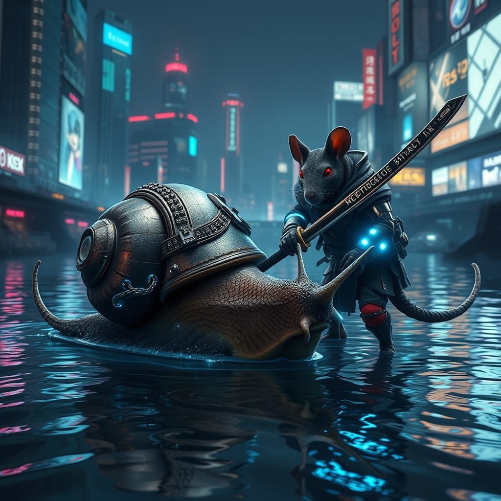 Futuristic Snail Samurai Battles in a Neon-Lit Riv... - AI Art