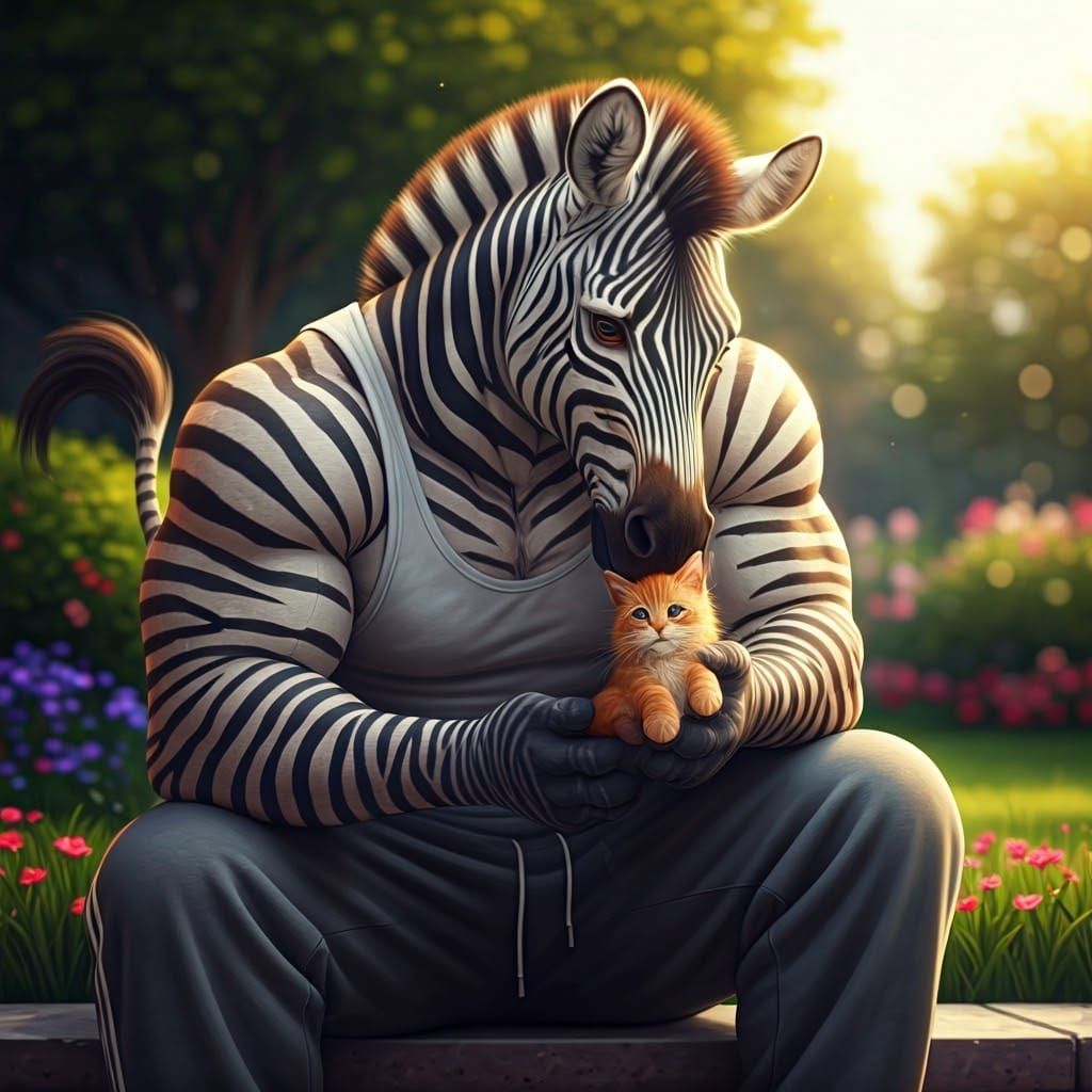 Zeb the Gentle Giant - Gentle Zebra Man Petting Kitten in th...