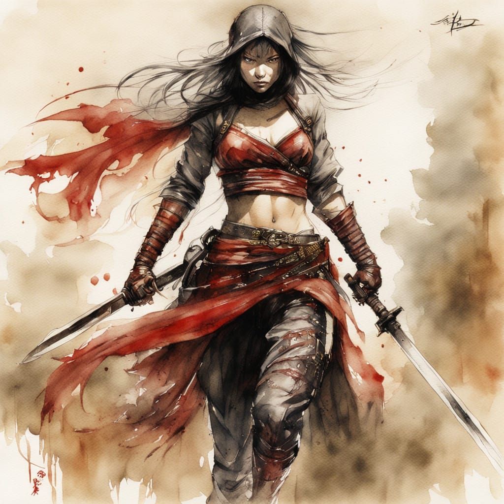 "full body action pose watercolor sketch by Luis Royo - female ninja soft belly: more_details ...