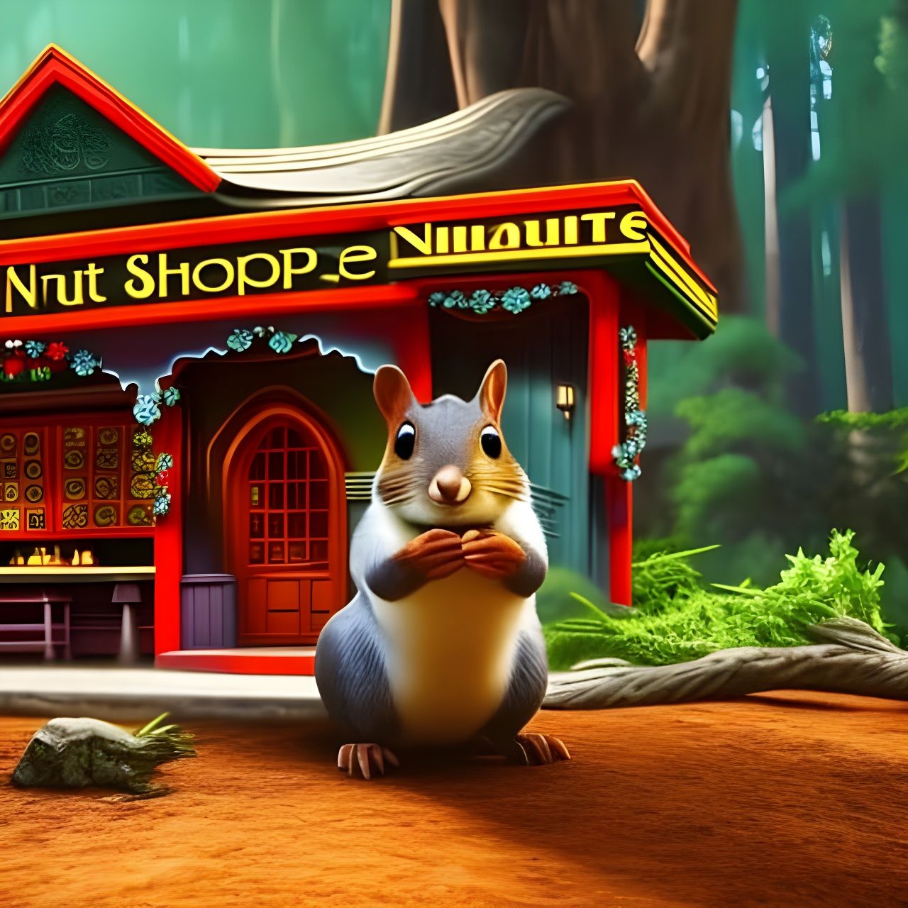 An Enterprising Squirrel opens "Ye Olde Traditional Nut Shoppe" in the forest. - AI Generated ...
