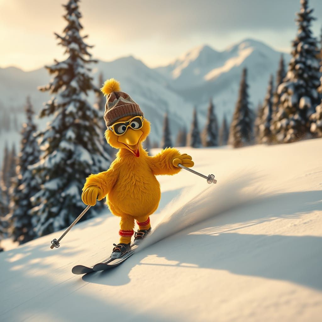 Big Bird Skis Down a Snowy Slope in Hyperrealistic... - AI Art