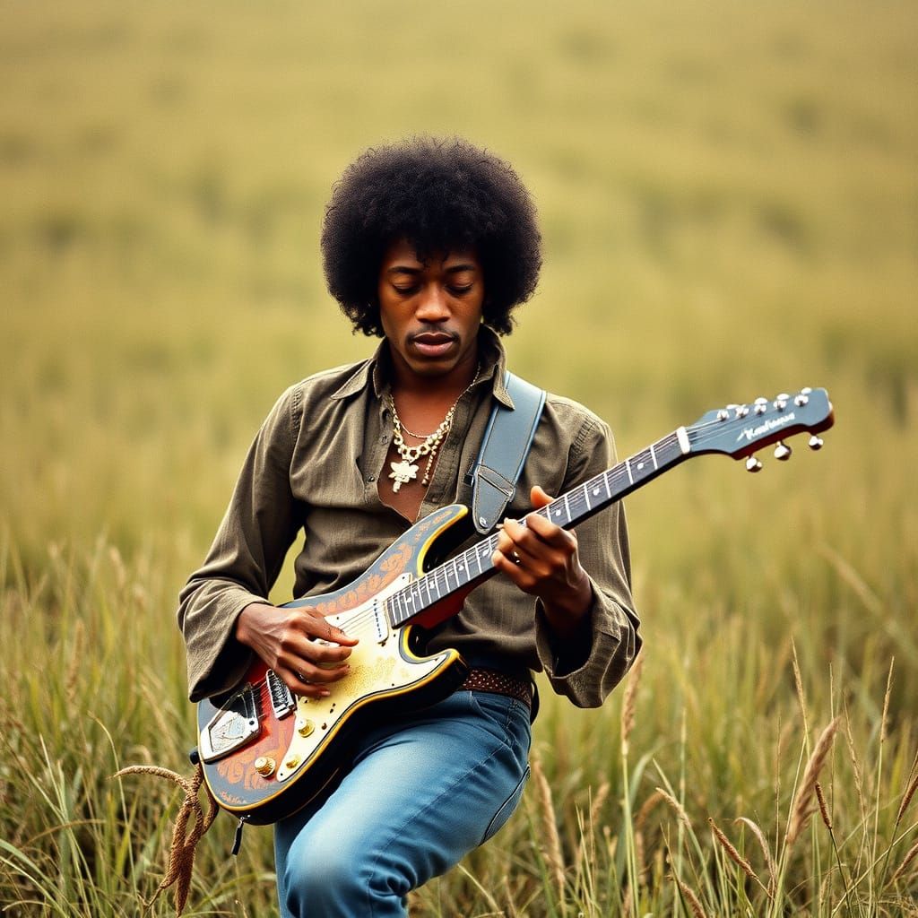 Jimi Hendrix Writing Little Wing on a Summer Meado... - AI Art