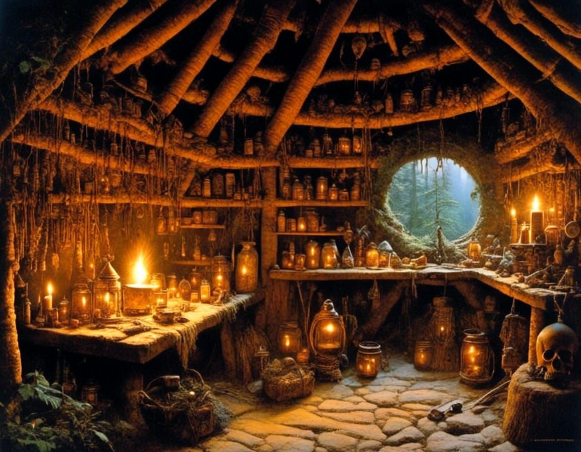 Staghorn Forest Concept Art - Mystical Pagan Hut in Warm Can...