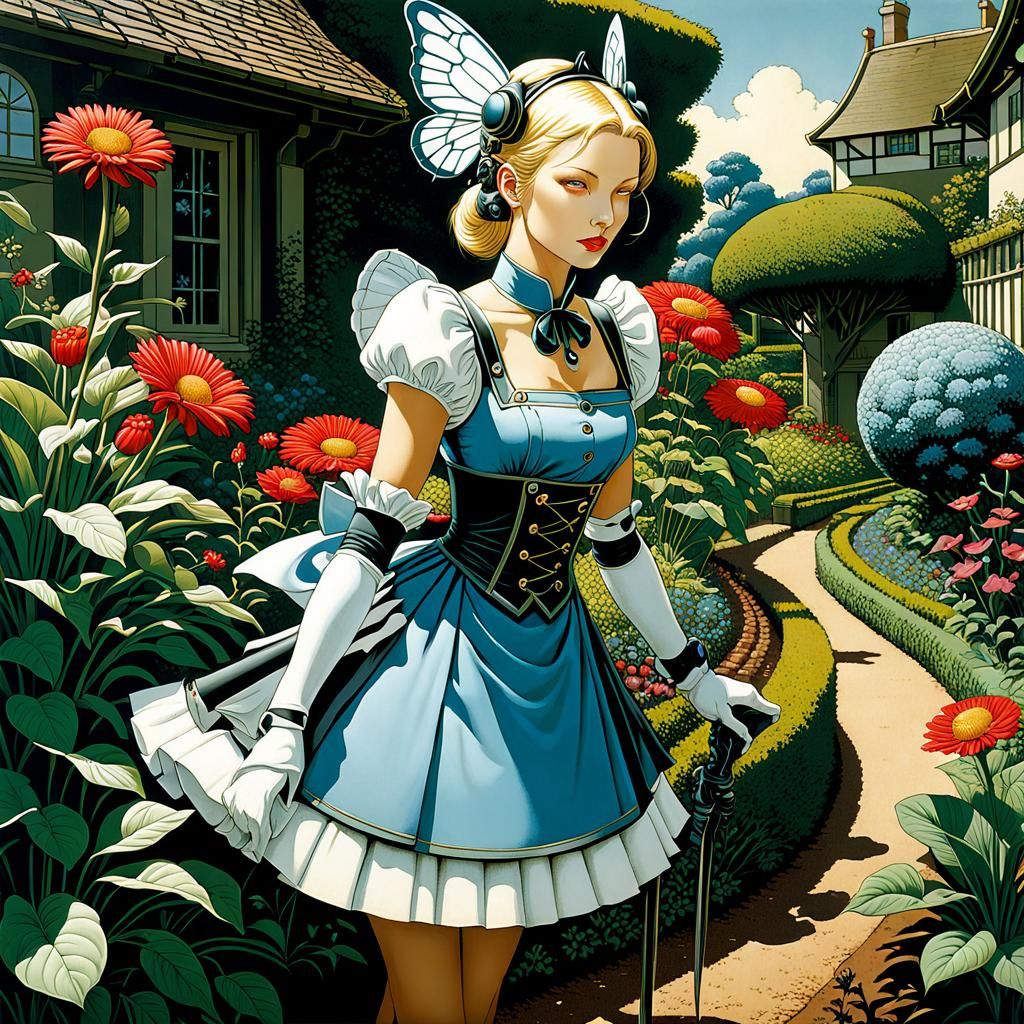 Sweet cyborg MAID, working, garden, Linocut print, fantasy by Michael ...