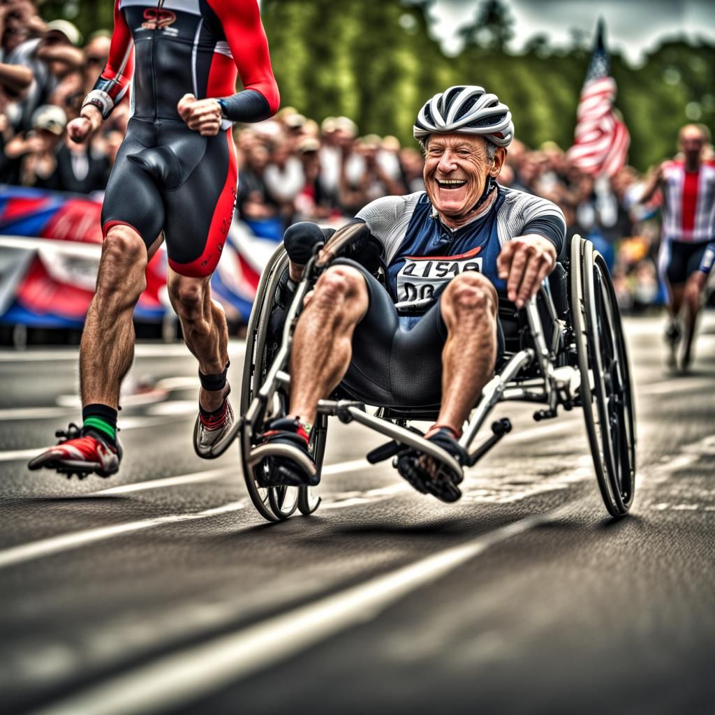 Man in wheelchair breaks the ribbon winning the race, triumphant ...