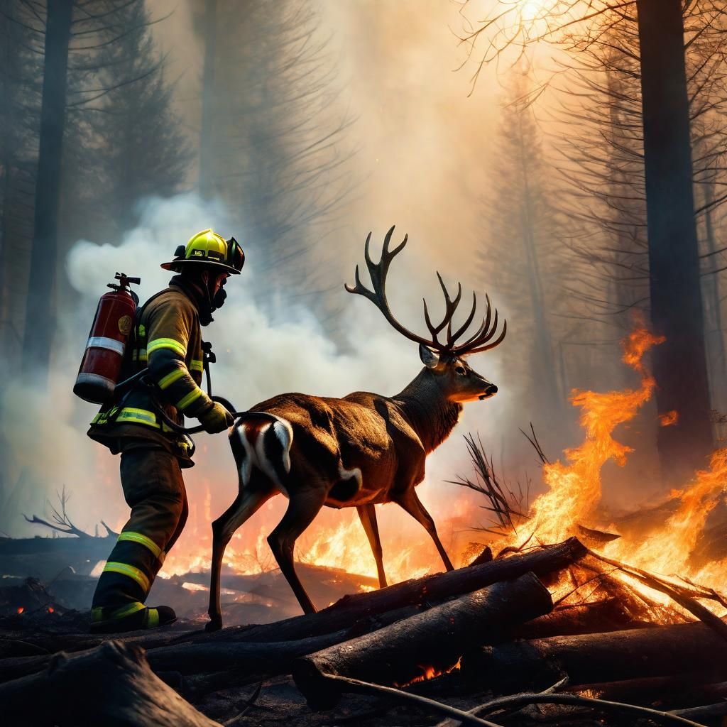 Close-up of firefighter saving a deer from the flames in a burning ...