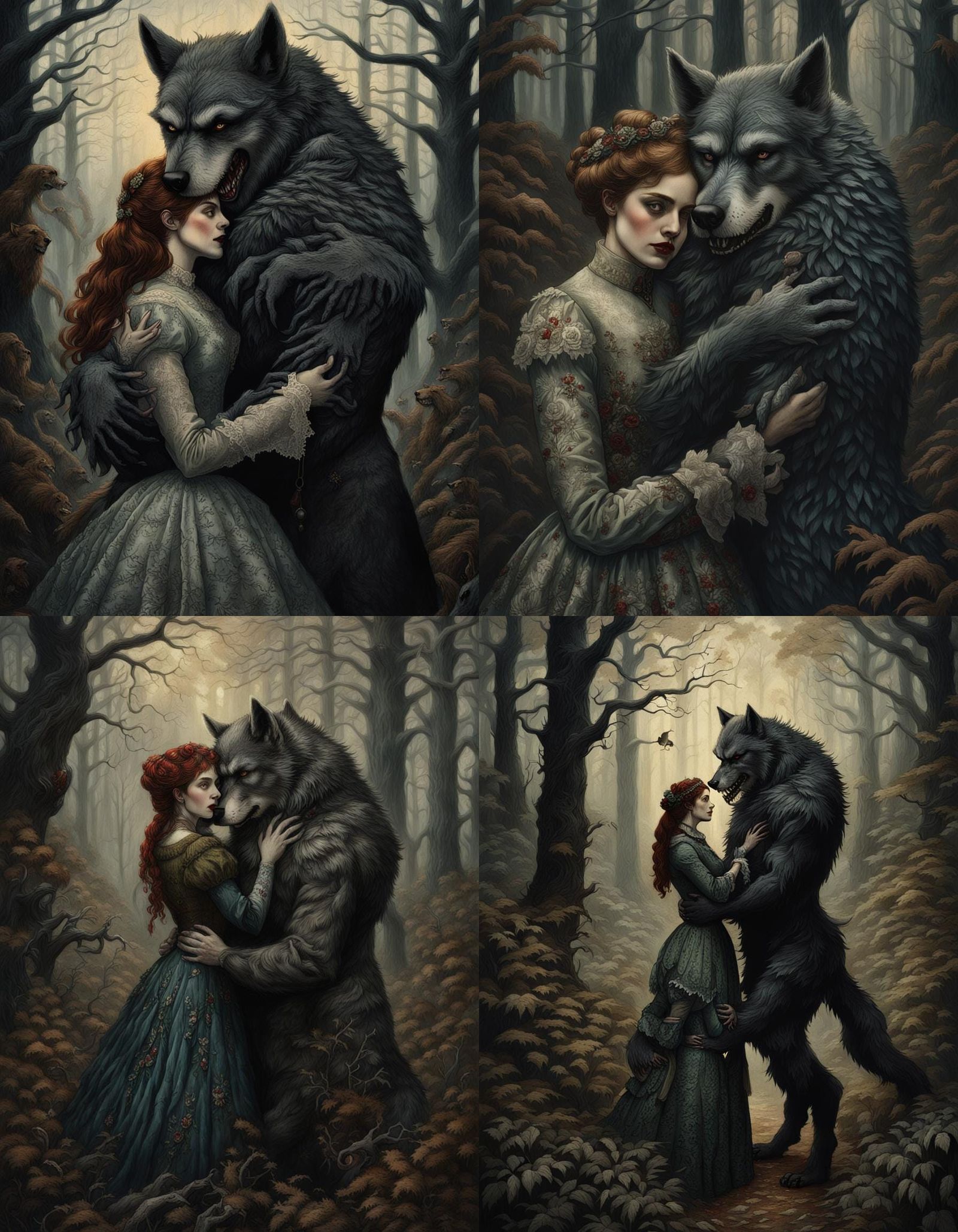 A woman dressed in late Victorian era clothing hugging a werewolf in a ...