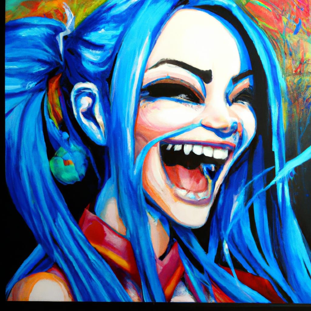 An expressive oil painting of Jinx from League of Legends with vibrant ...