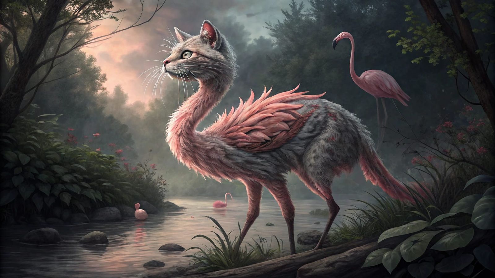 The Elusive Cat-Mingo - Fantastical Cat-Flamingo Hybrid in D...
