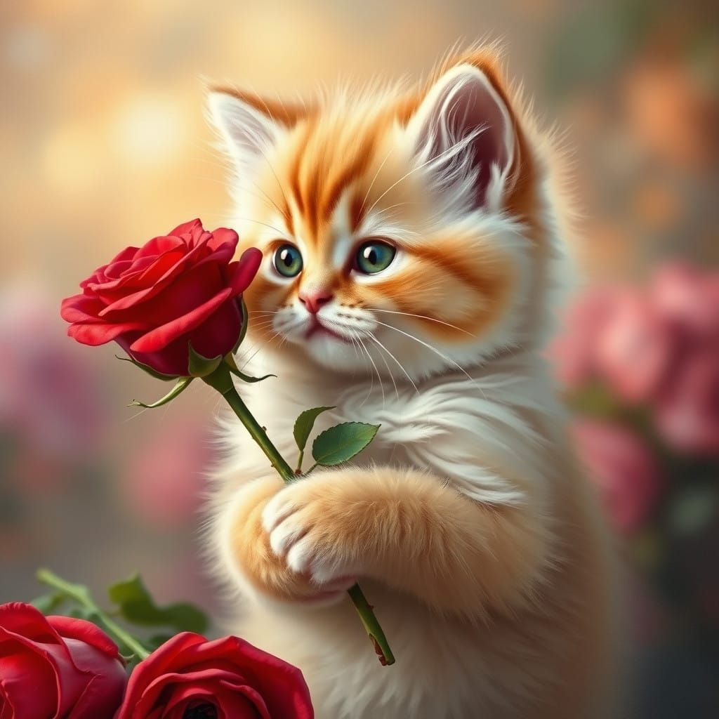 Ragdoll Kitten holding Red Rose - Ragdoll Kitten holding Red...