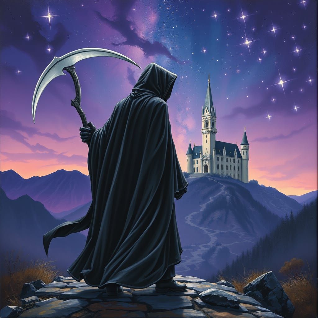 Grim Reaper Approaches a Radiant White Castle Unde... - AI Art