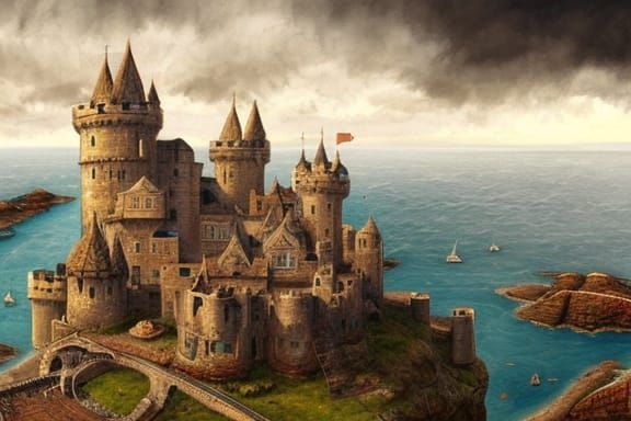 Aerial View Of a medieval castle on the sea coast, medieval houses ...