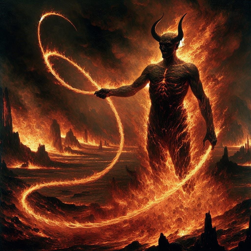 The Devil standing with a whip of flames, Pyroclastic flow like a ...